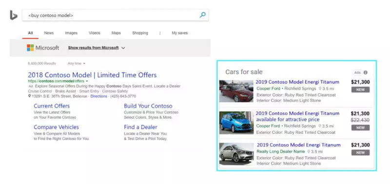 „Microsoft Advertising“ automobilių skelbimų pavyzdys