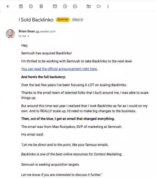 Snímka obrazovky e-mailu, ktorý Brian Dean poslal používateľom Backlinko.