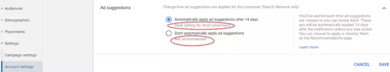 Recomendacións de aplicación automática de Google Ads: explicación de cada configuración 3155_1