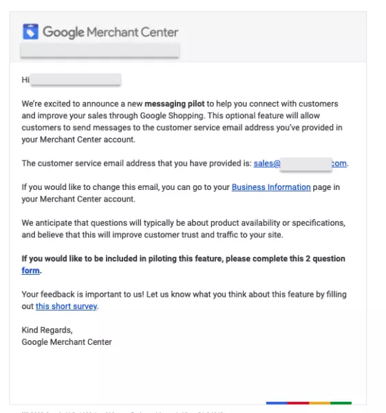 Google-ээс худалдаачдад илгээсэн мессежийн туршилтын урилгын имэйл