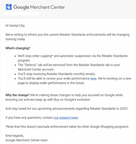 E-poštno sporočilo, ki ga je Google poslal trgovcem, v katerem jih je obvestil o spremembah uveljavljanja standardov za trgovce na drobno