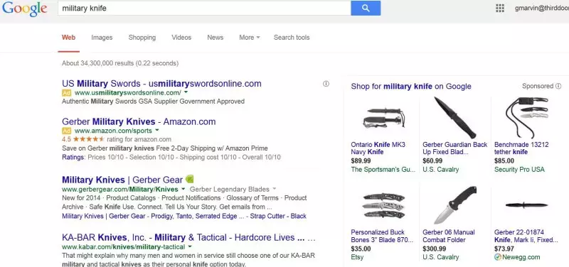 Google AdWords retningslinjer for militærkniv annonser