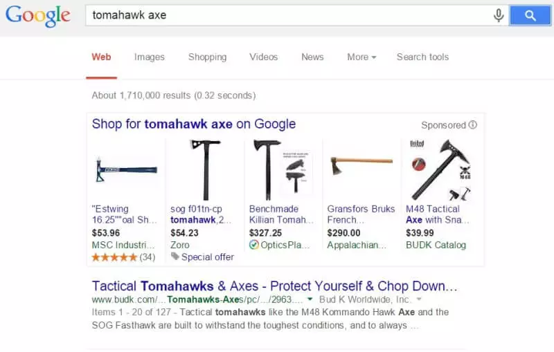 Política do Google AdWords Anúncios de machado Tomahawk permitidos