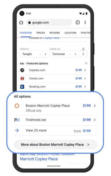 Google 在搜索結果中的免費酒店鏈接