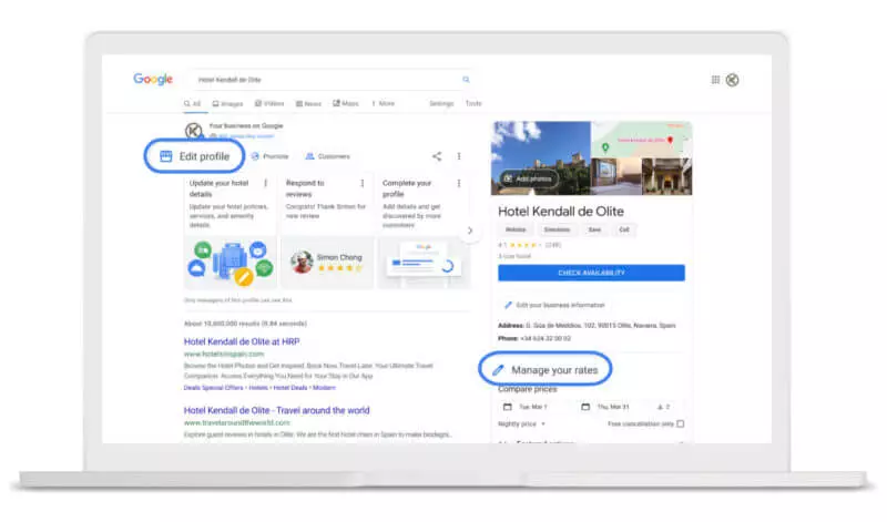 Ekraanipilt Google'i ettevõtte profiilist otsingutulemustes koos võimalusega hindu muuta