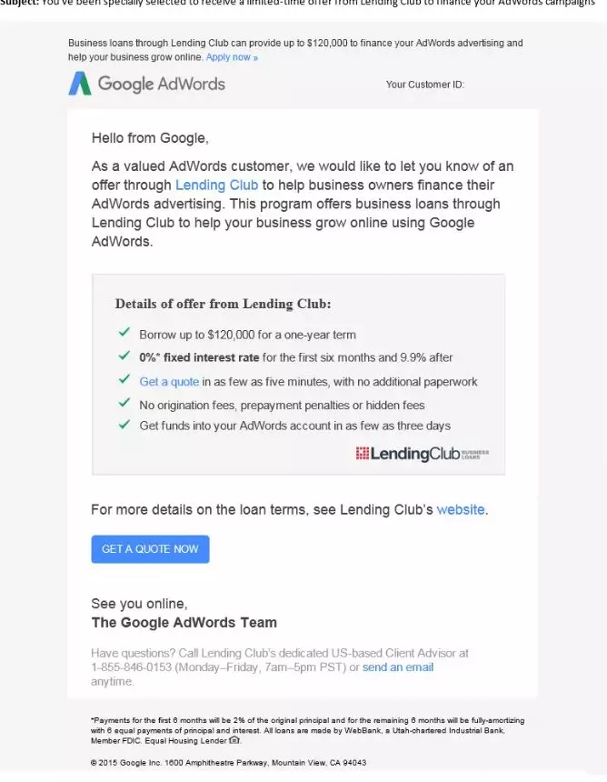 email sa google adwords lending club