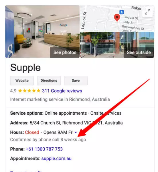 Google Potvrzeno telefonickým hovorem v místním panelu