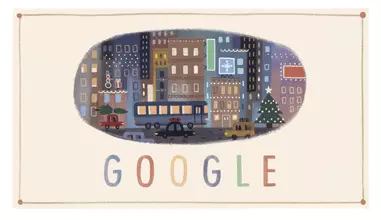 Fijne feestdagen Google-logo Dag twee: hetzelfde thema, maar met een op steden geïnspireerde illustratie