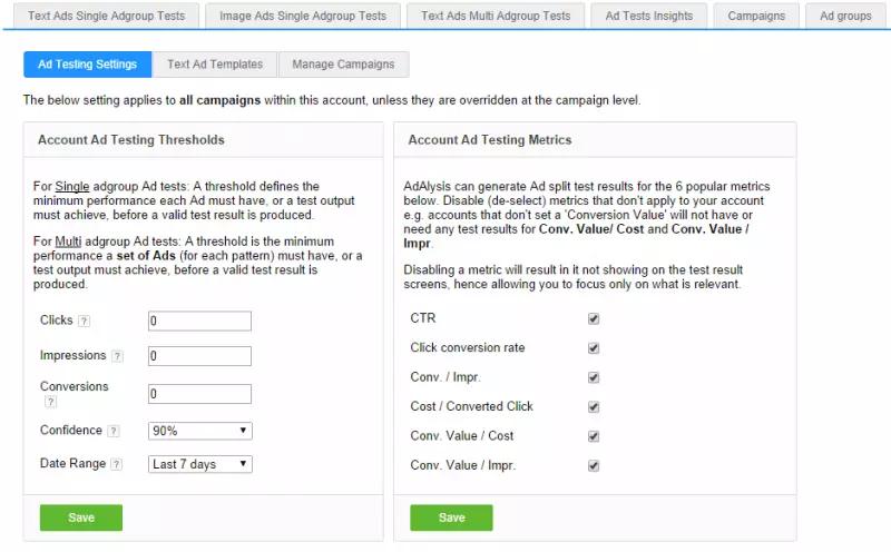 Nastavení testování ppc reklam v AdAlysis