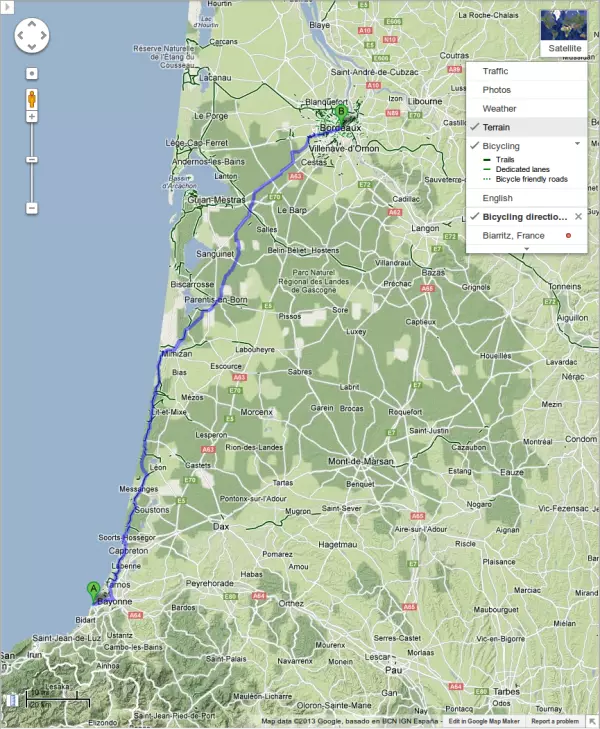 Indicacións en bicicleta de Google Maps