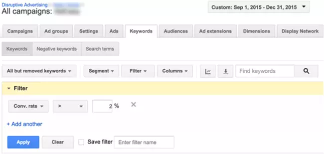 filtrage du taux de conversion