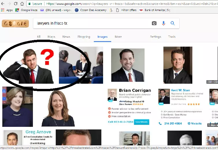 গুগল ইমেজ সার্চ ফলাফলে আইনজীবীদের আসল ছবির পাশে একটি স্টক ইমেজ জাল দেখায়