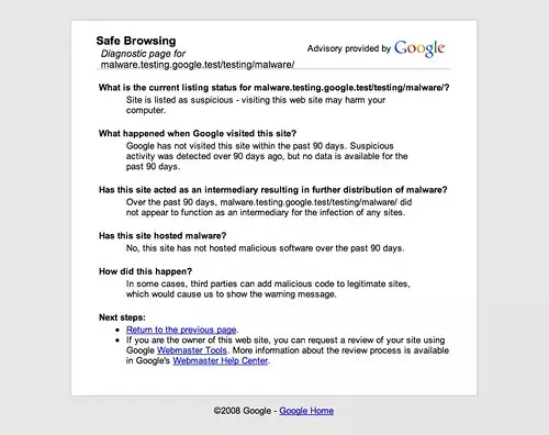 Googleova dijagnostička stranica za sigurno pregledavanje za malware.testing.google.test-testing-malware- (20080523)