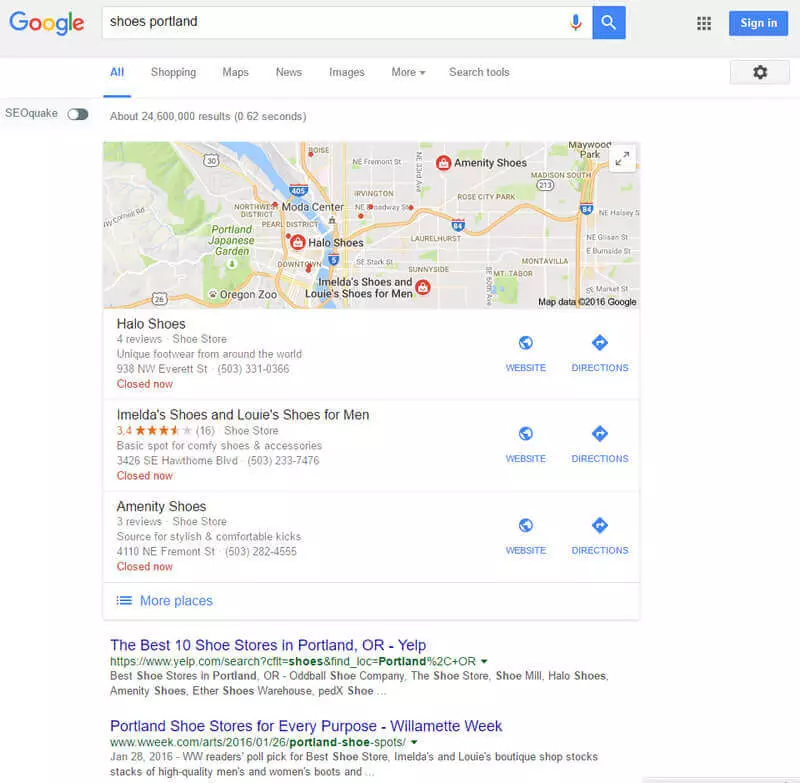 Κατάταξη Yelp για παπούτσια Portland στο Google