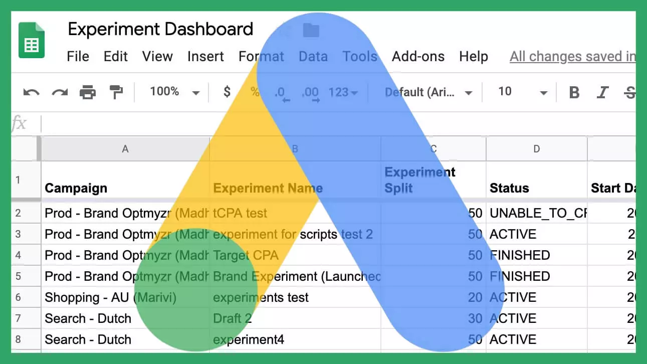 E Skript fir e Google Ads Experiment Dashboard ze kreéieren