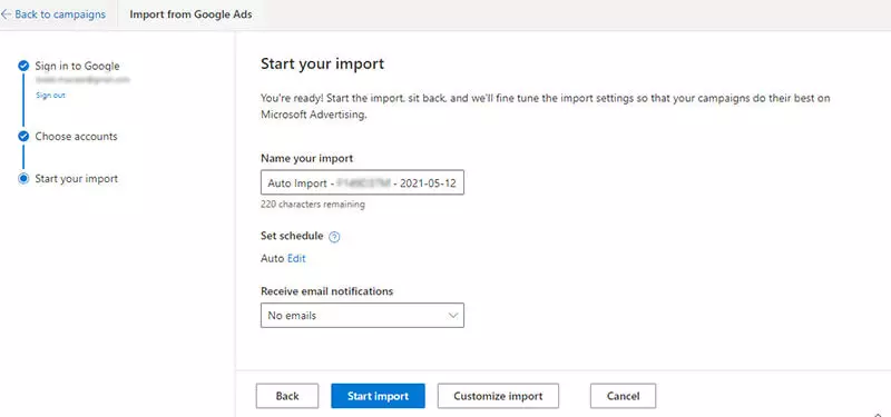 Tijek rada Google Import u Microsoft Advertisingu.