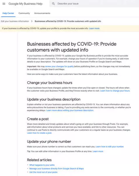 Google Min bedrift ber bedrifter som er berørt av koronaviruset, oppdatere oppføringer 4914_1