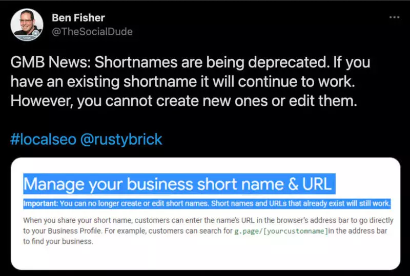 GMB 뉴스: 짧은 이름은 더 이상 사용되지 않습니다. 기존 단축 이름이 있는 경우 계속 작동합니다. 그러나 새로 만들거나 편집할 수는 없습니다.