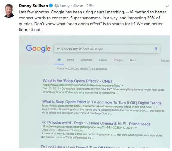 Screenshot del tweet di Danny Sullivan sulla corrispondenza neurale