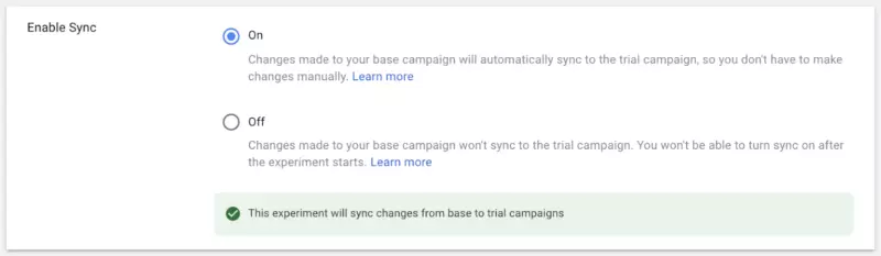 Opsi sinkronisasi eksperimen di Google Ads.