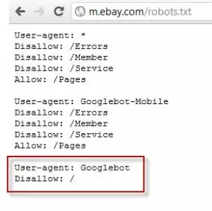 د eBay ګرځنده Robots.txt دوتنه