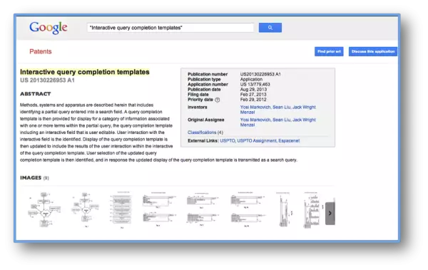 Patent Google: US 20130226953 A1: Interactive Query Completion Templates