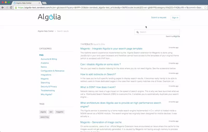 Screenshot di Algolia in esecuzione su Zendesk