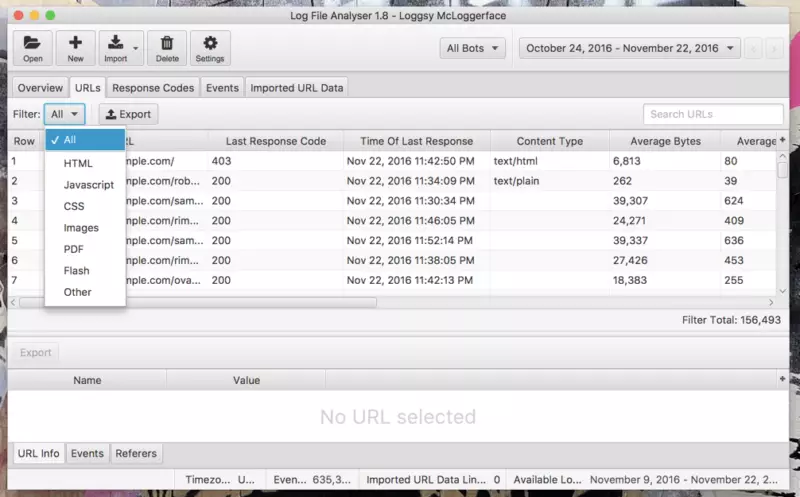 Screaming Frog Log File Analyzer proporciona una solució més fàcil per a l'anàlisi de fitxers de registre.