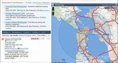 El cercle de cerca de Yahoo permet als usuaris ampliar i restringir els resultats fàcilment al mapa