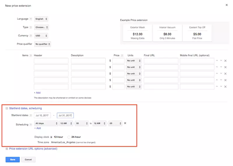 prijsextensies plannen in adwords