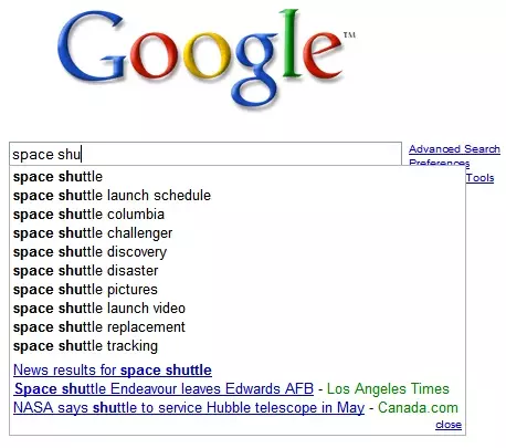 Space Shuttle Ao amin'ny Google Suggest