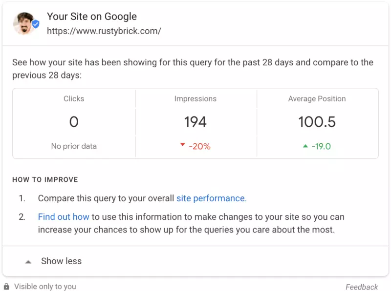 As estatísticas do Google Search Console são exibidas diretamente nos resultados de pesquisa para proprietários de sites 9613_1