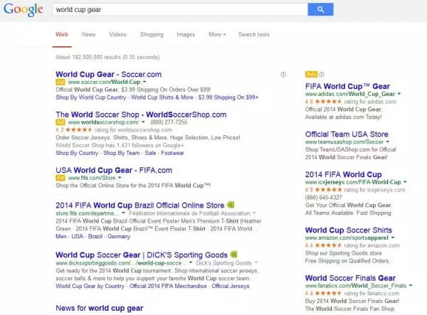 Google SERP World Cup varustus