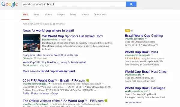 Google SERP ฟุตบอลโลกที่โฆษณาบราซิล
